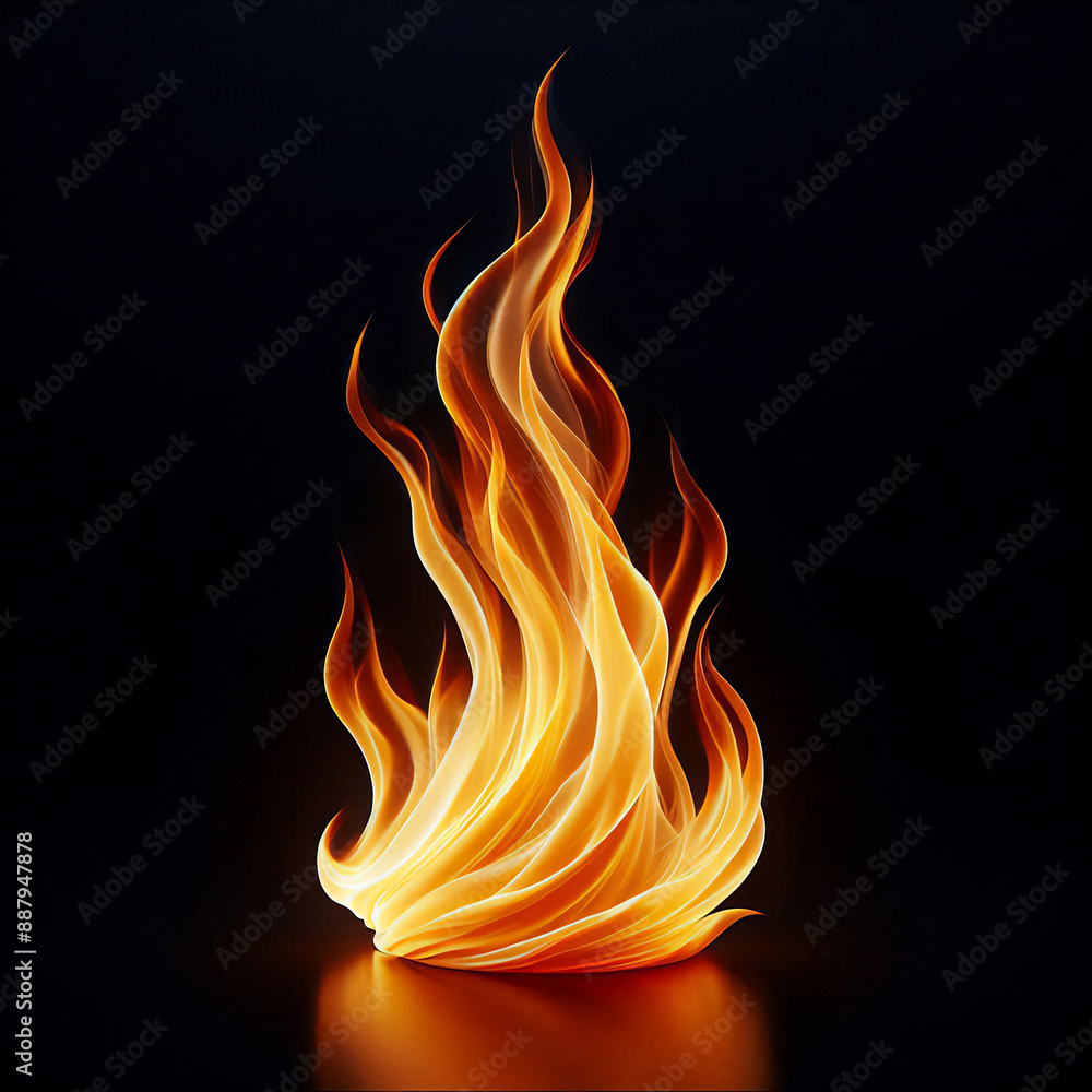 Dynamic fire flames bright orange and yellow colors isolated in dark ...