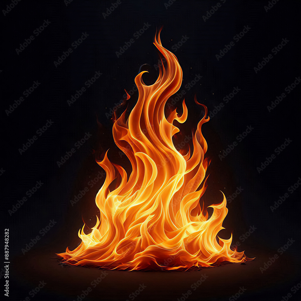 Dynamic fire flames bright orange and yellow colors isolated in dark ...