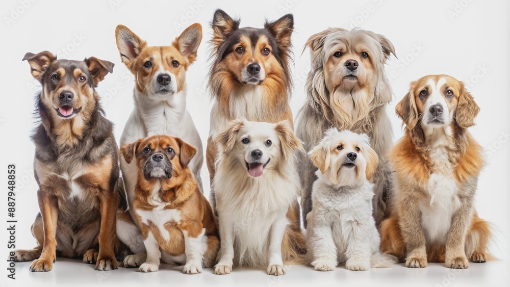 Adorable canines of diverse sizes and breeds, from small to large, sit ...