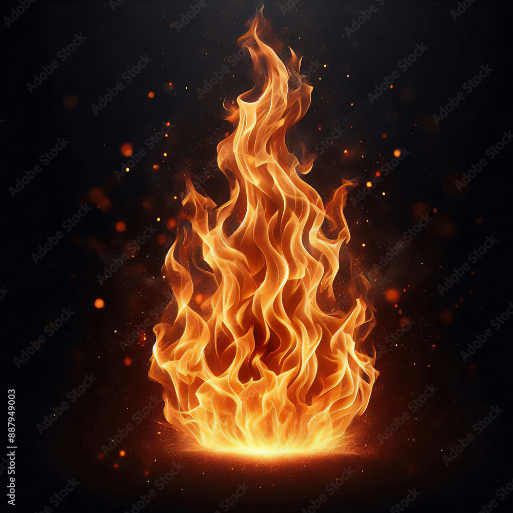 Dynamic fire flames bright orange and yellow colors isolated in dark ...
