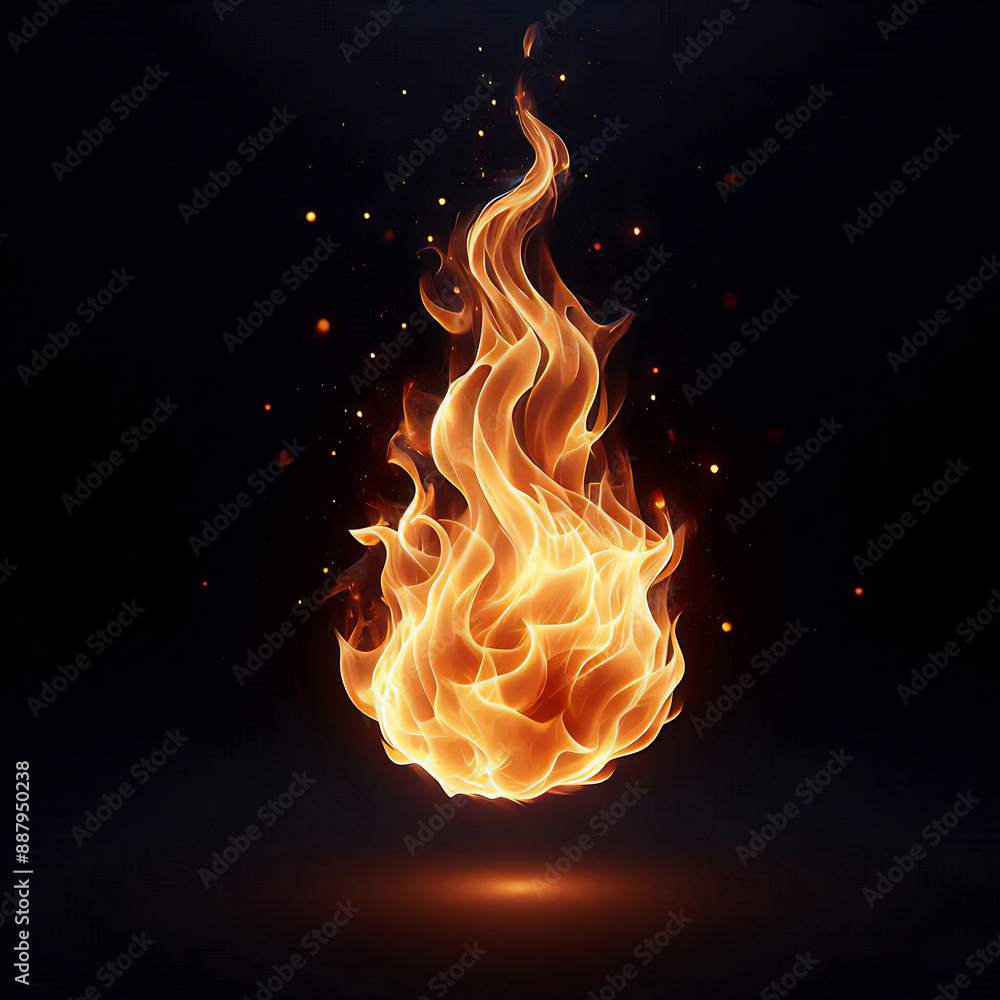 Dynamic fire flames bright orange and yellow colors isolated in dark ...