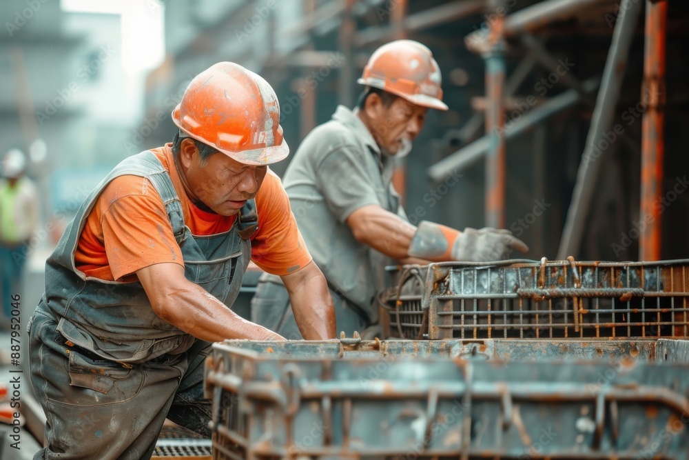 Two dedicated construction workers carefully preparing steel ...
