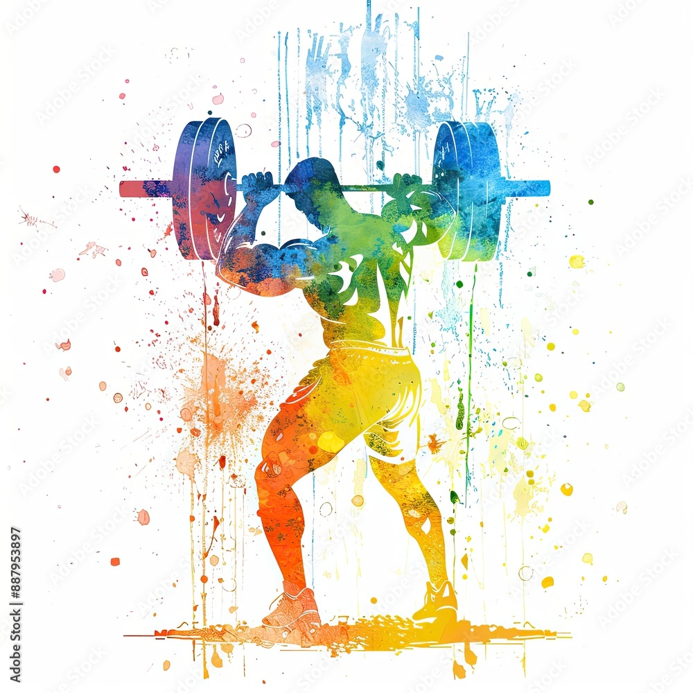 artistic watercolor illustration features a bodybuilder lifting a ...