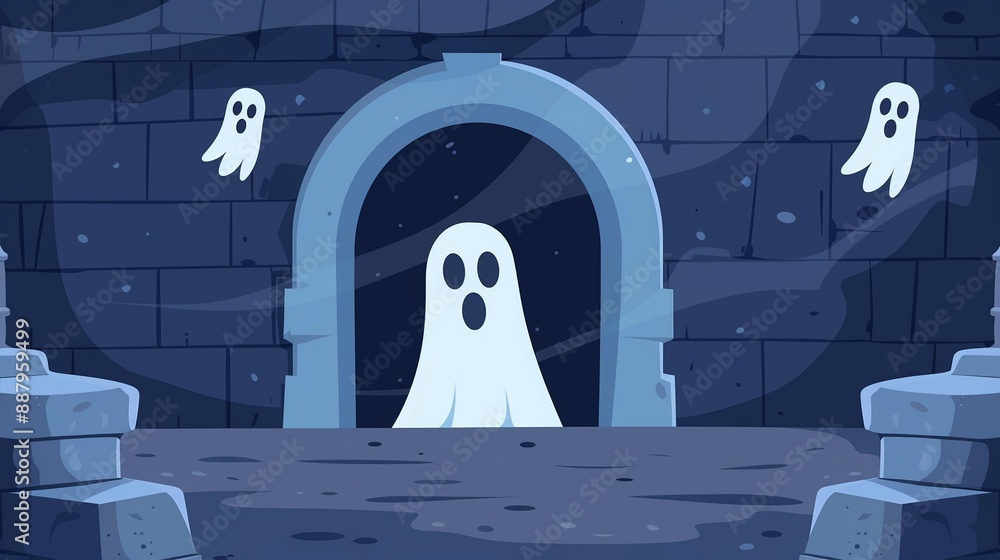 An ancient, crumbling crypt with cobwebs, skeletons, and ghostly ...