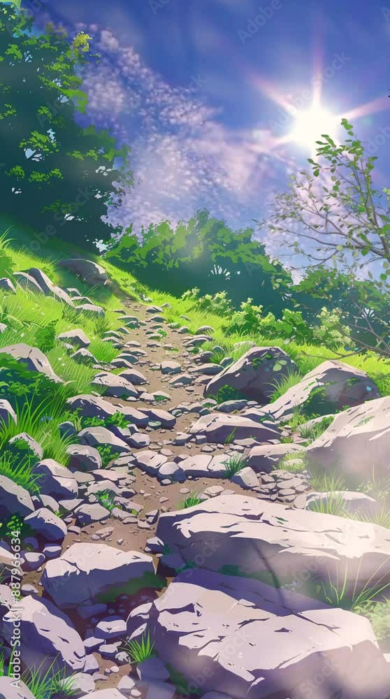 vertical landscape rock path with clear sky view. cartoon or anime ...