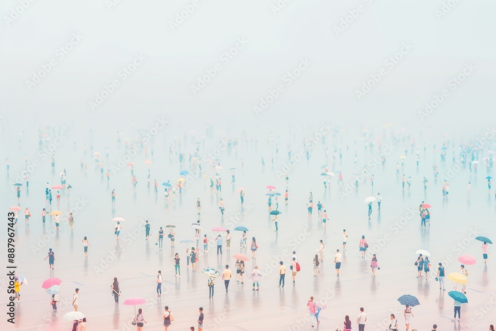 overcrowded beach with umbrellas summer tourist destinations, with soft ...