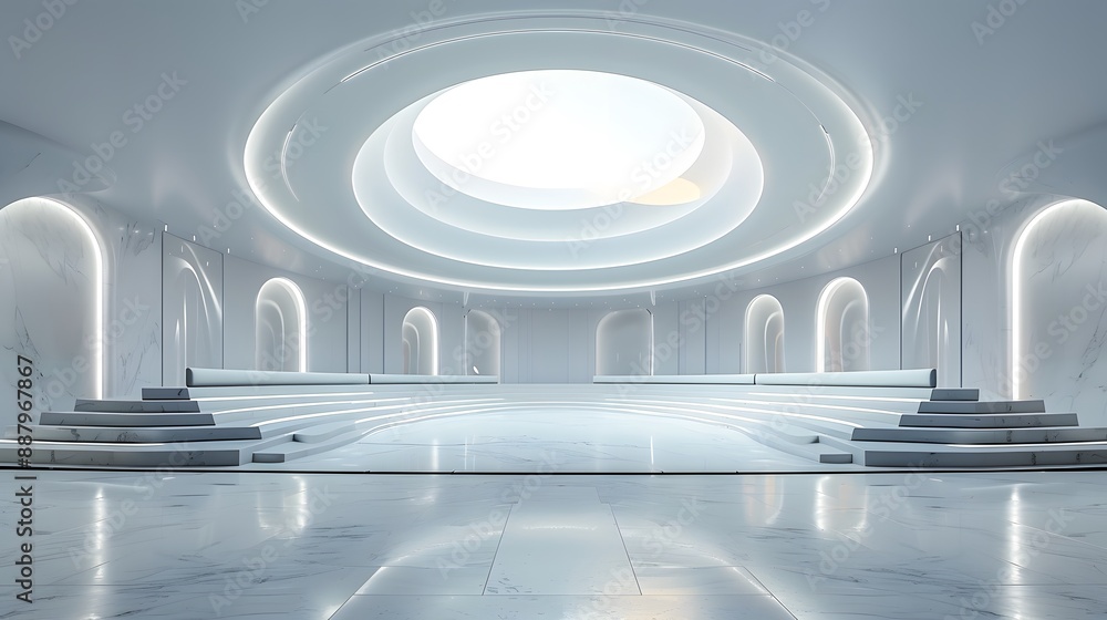 futuristic circular auditorium, white marble floor, curved stadium ...