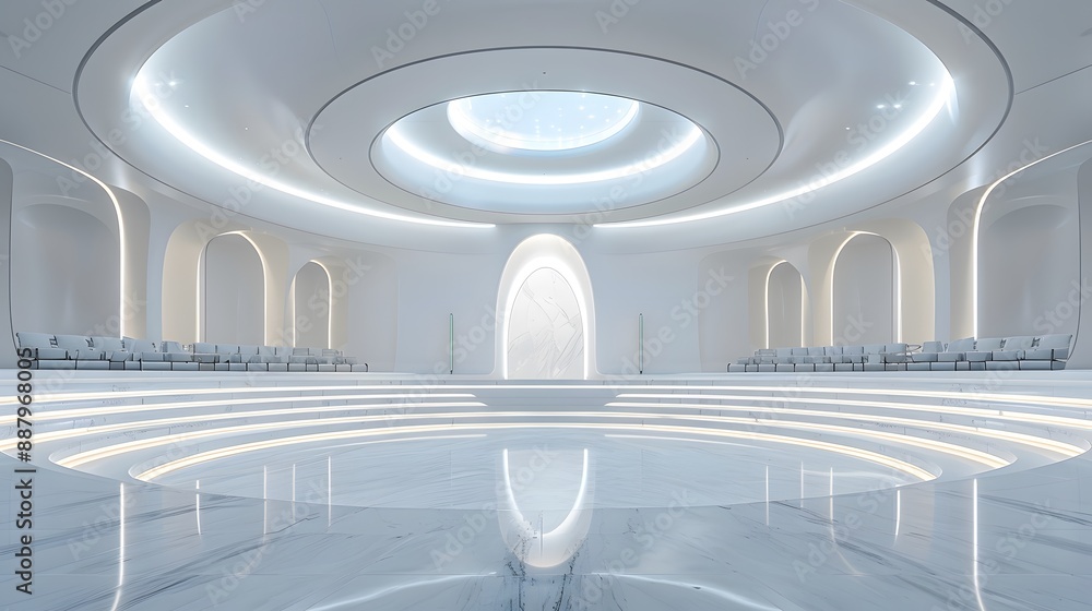 futuristic circular auditorium, white marble floor, curved stadium ...