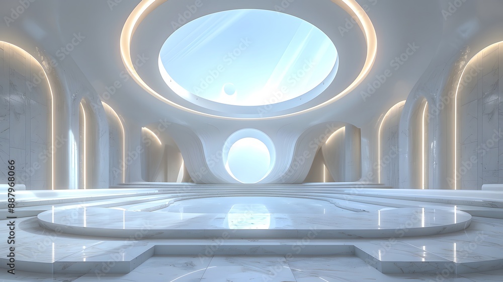 futuristic circular auditorium, white marble floor, curved stadium ...