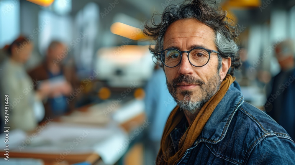 Architect works in the background, reviewing blueprints, as a large ...