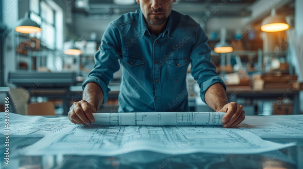 Architect works in the background, reviewing blueprints, as a large ...
