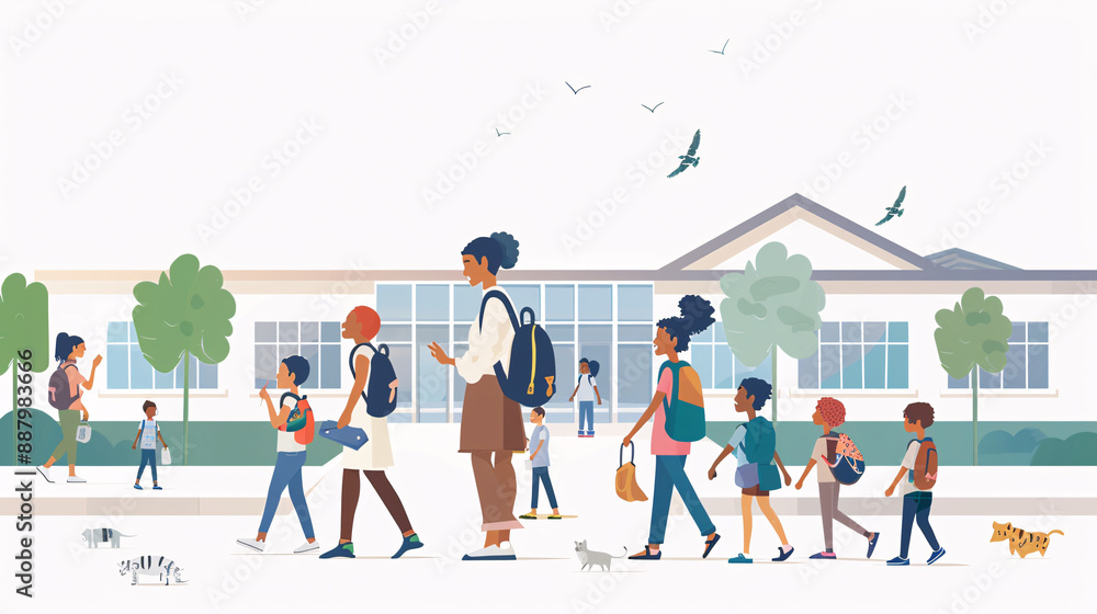 An illustration of an educator commuting to school, interacting with ...