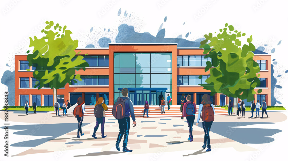An illustration of a school building with students entering, depicted ...