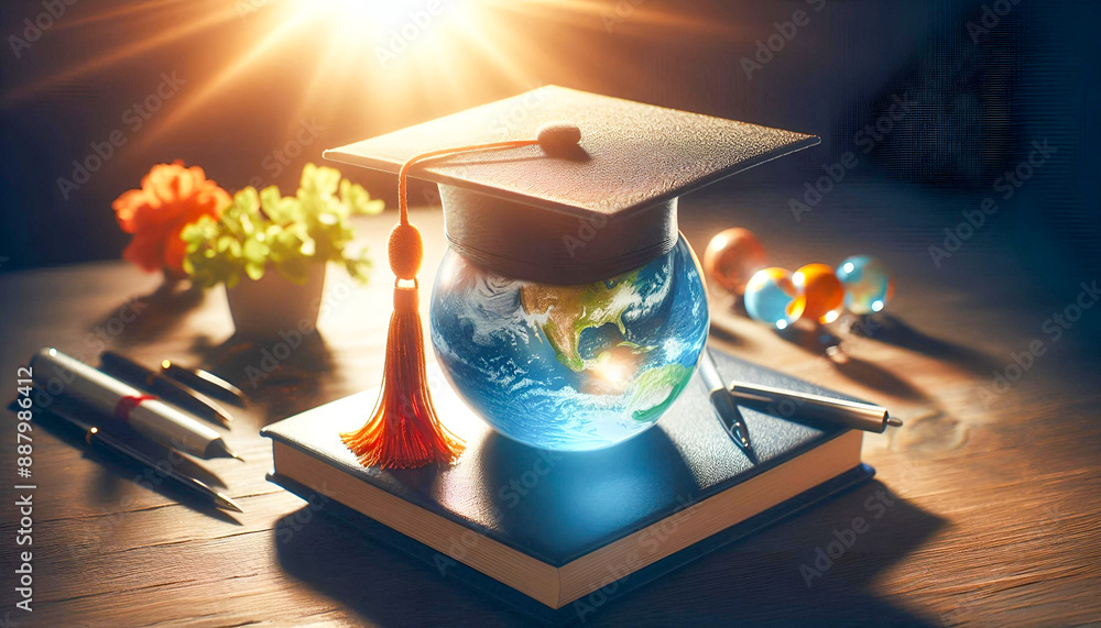 Graduated study abroad international Conceptual, Graduation hat on top ...