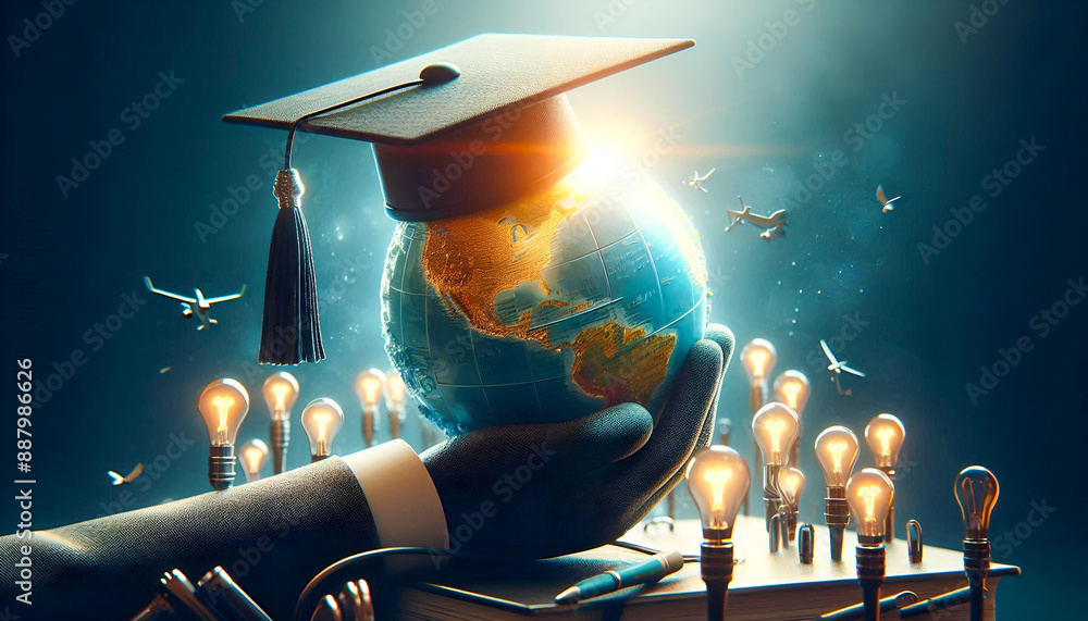 Education in Global world, Graduation cap on Businessman holding Earth ...