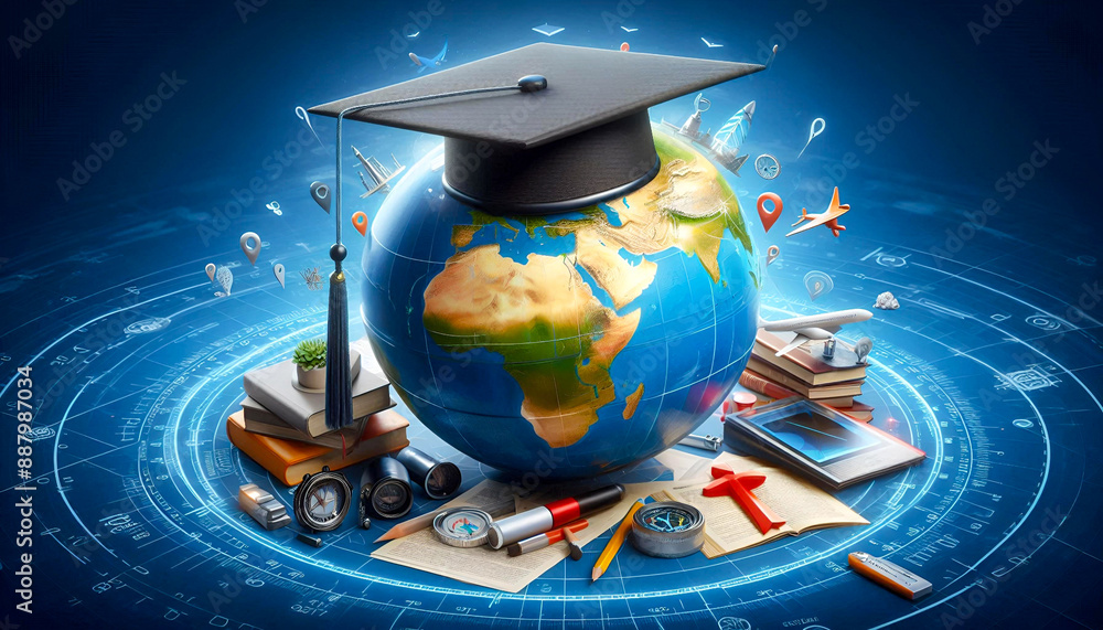 Graduated study abroad international Conceptual, Graduation hat on top ...