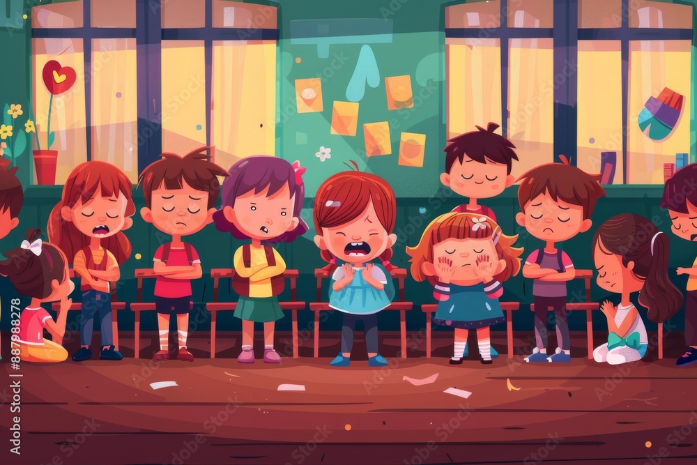Vector Illustration of a Classroom Scene with Children Expressing ...