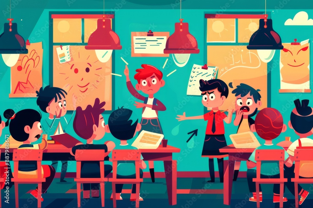 Vector Illustration of a Classroom Scene with Children Expressing ...