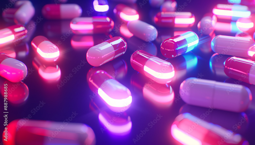 Floating 3D Pill and Capsule Symbols in NeonLit Space for a Science ...