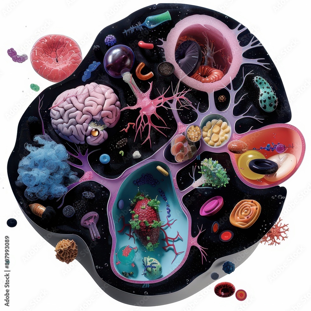Colorful diagram of a human cell showing organelles in detail, Human ...