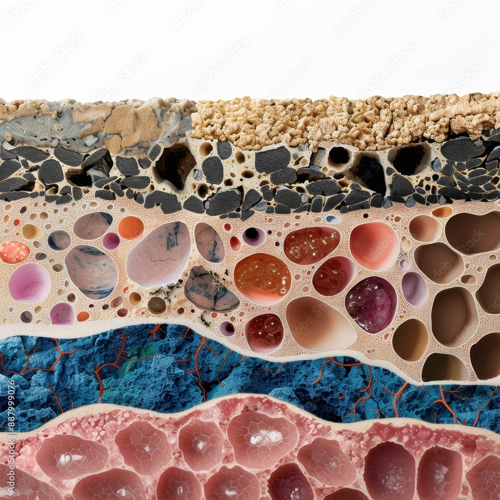 Cross-section of human skin with layers and cells labeled, Human body ...