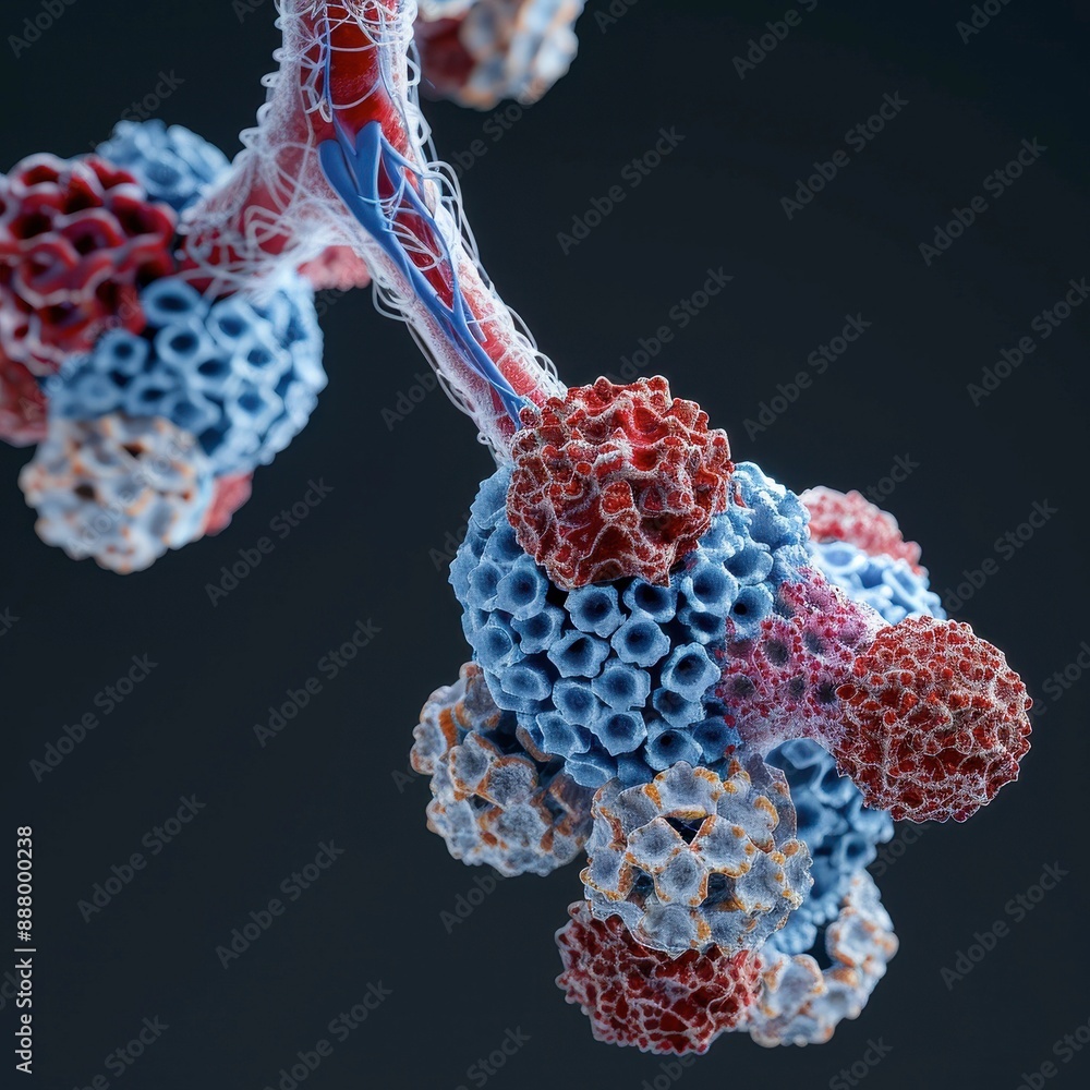 Detailed image of alveoli in human lungs exchanging gases, Human body ...