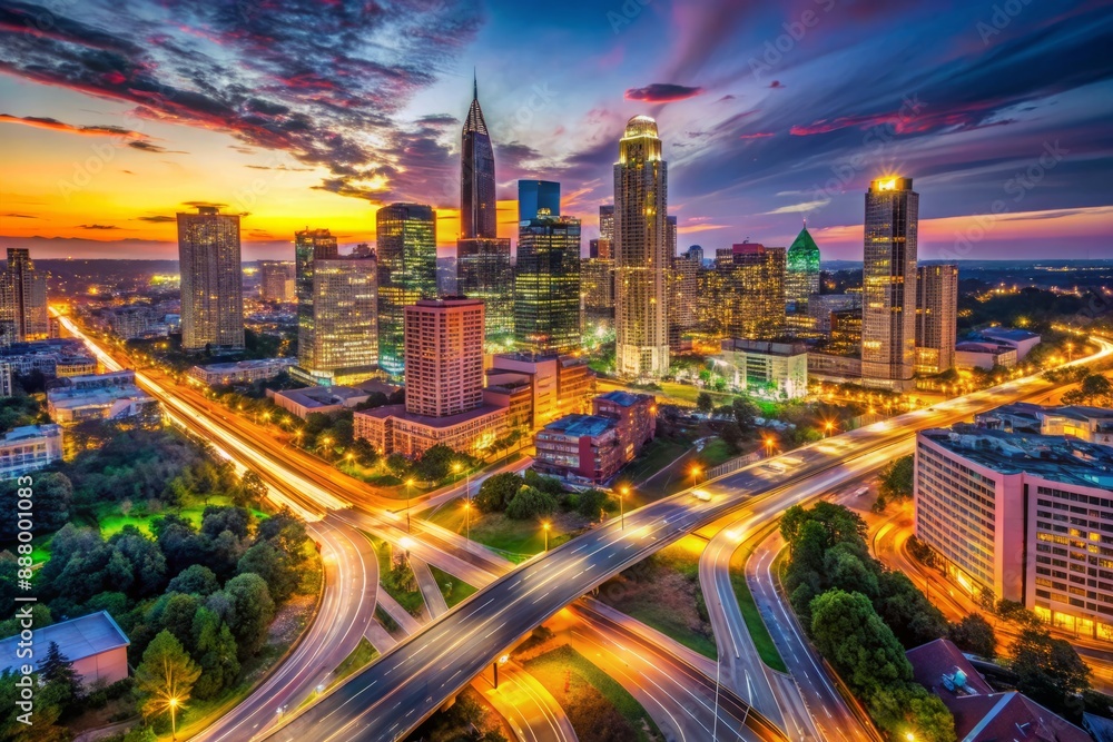 Vibrant cityscape of Atlanta Georgia at night, captured by drone, with ...