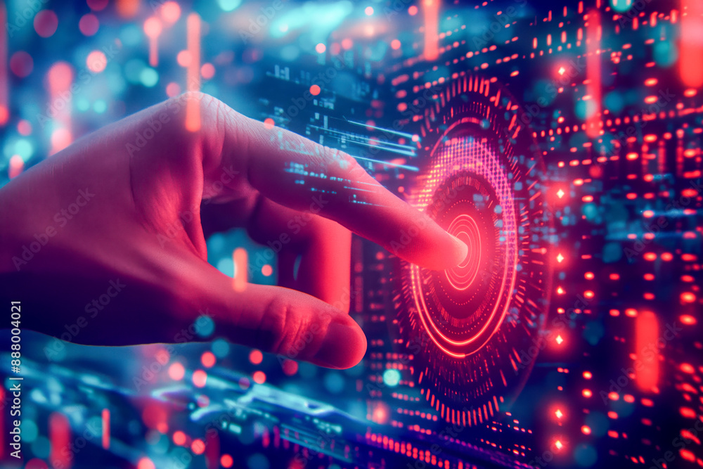 Hand reaching out to touch futuristic digital interface, concept of ...