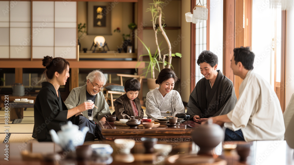 a Japanese multi-generational family enjoying a traditional tea ...