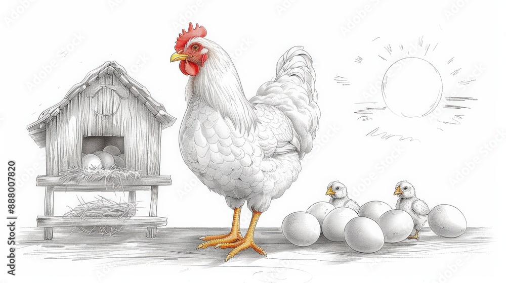 Illustration of a hen and chicken coop with eggs and chicks under the ...