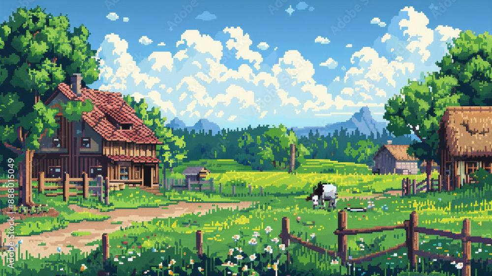 2d pixel art of barn, farm , blue sky, game art, 16-bit, 8-bit Stock ...