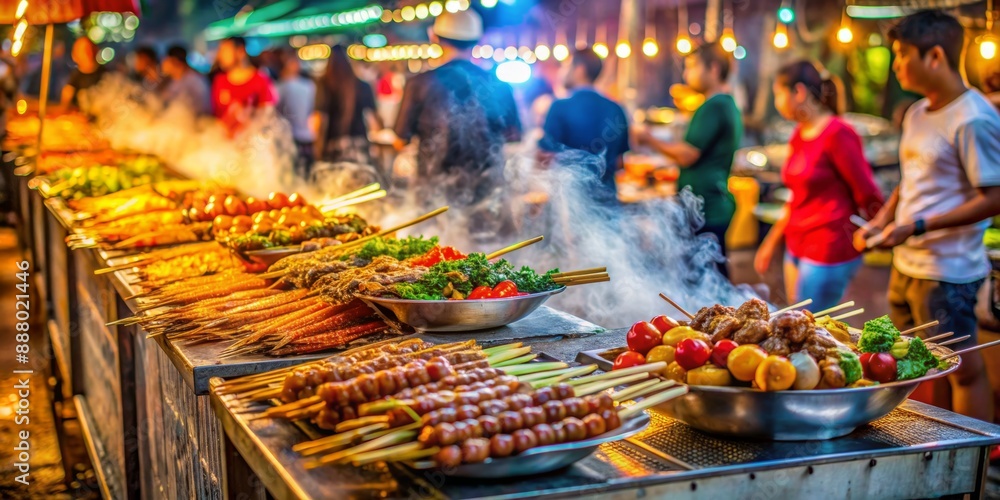 Vibrant twilight street food market scene featuring assorted sizzling ...