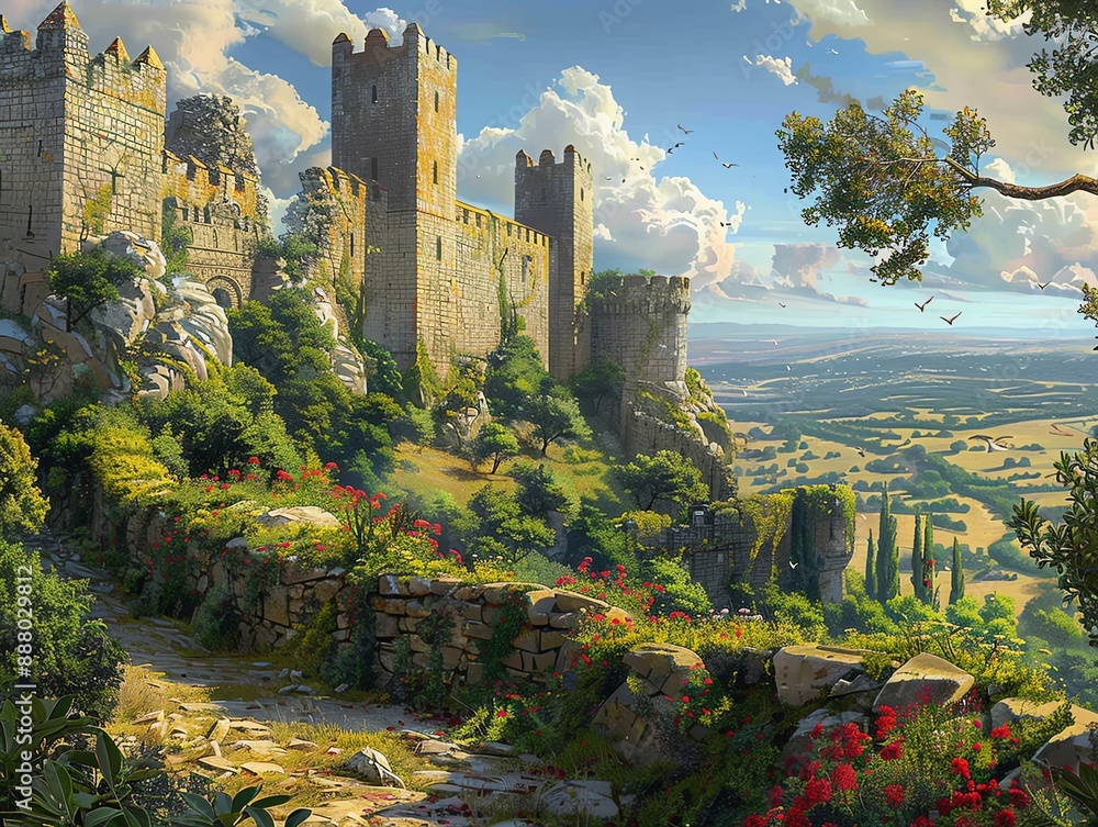 Historical castle overlooking a scenic landscape, with ancient stone ...