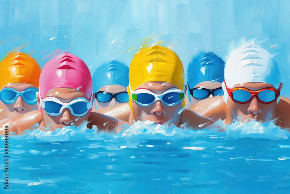 Abstract painting of swimmers in a race, capturing the intensity and ...