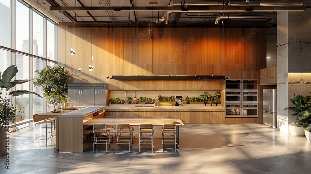 Modern office kitchen with sleek appliances, communal tables, and a ...