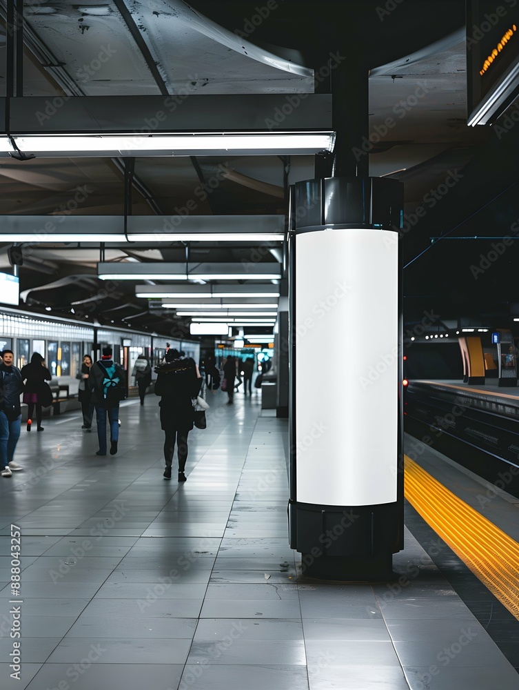 Empty advertising column in a subway station with people waiting on the ...