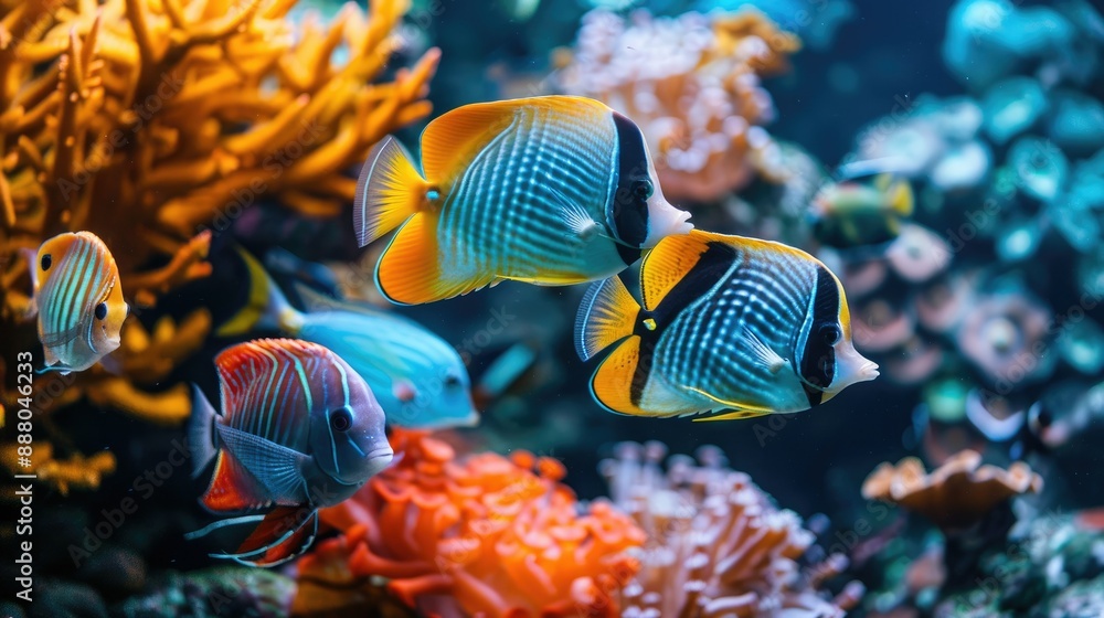 Exotic fish species swimming amid colorful coral in a tropical aquarium ...
