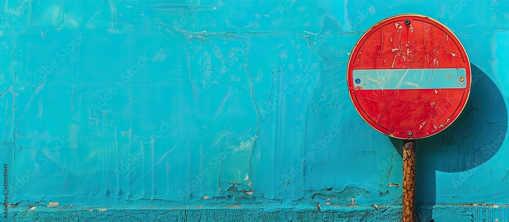 Blue background road sign with no entry symbol including copy space ...