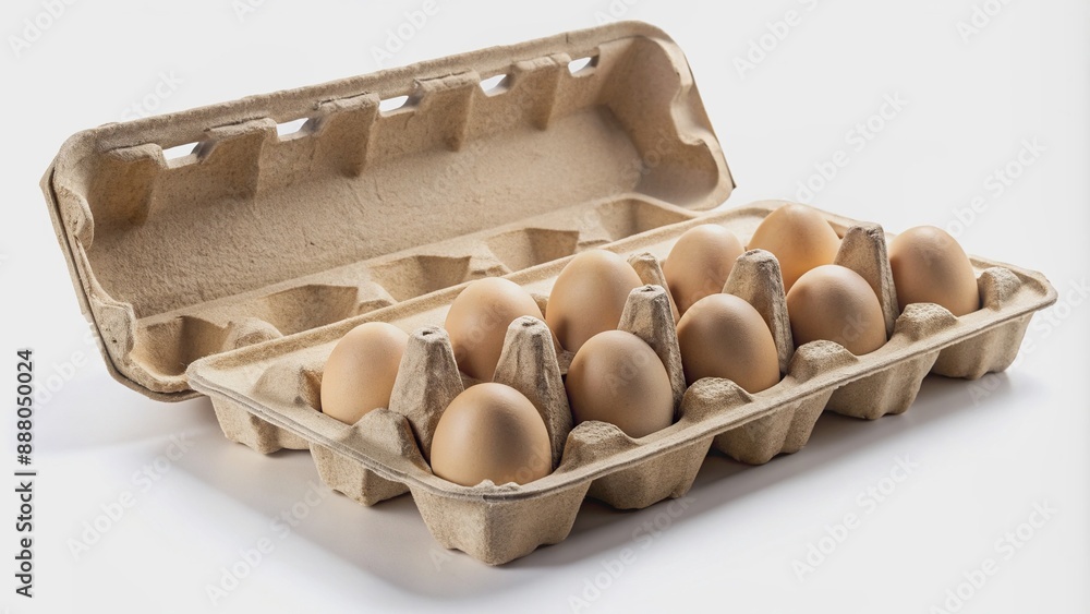 Empty ten-pack chicken egg carton made of recyclable cardboard, open ...