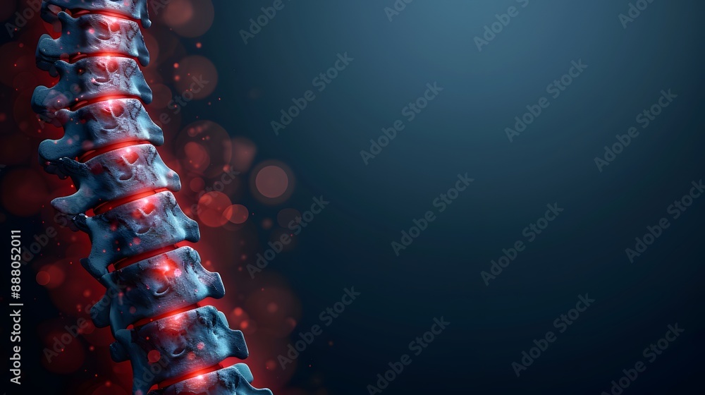3D X-ray render of human spine, illustrating scoliosis with red areas ...