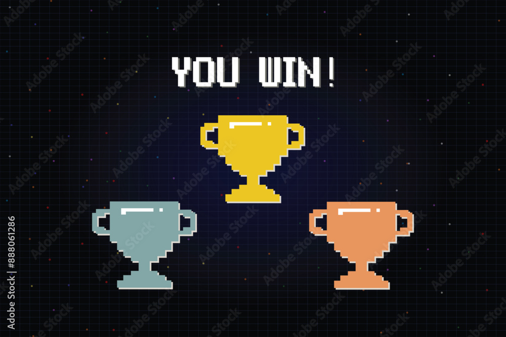 8-bit pixel art with text "You Win" and a big trophy on the background ...
