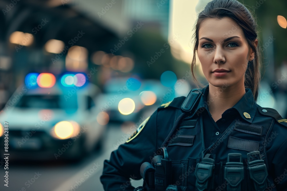 Female police officer in uniform standing confidently in front of ...
