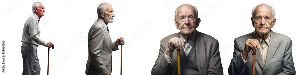 Elderly men standing with canes on a transparent background, showcasing ...