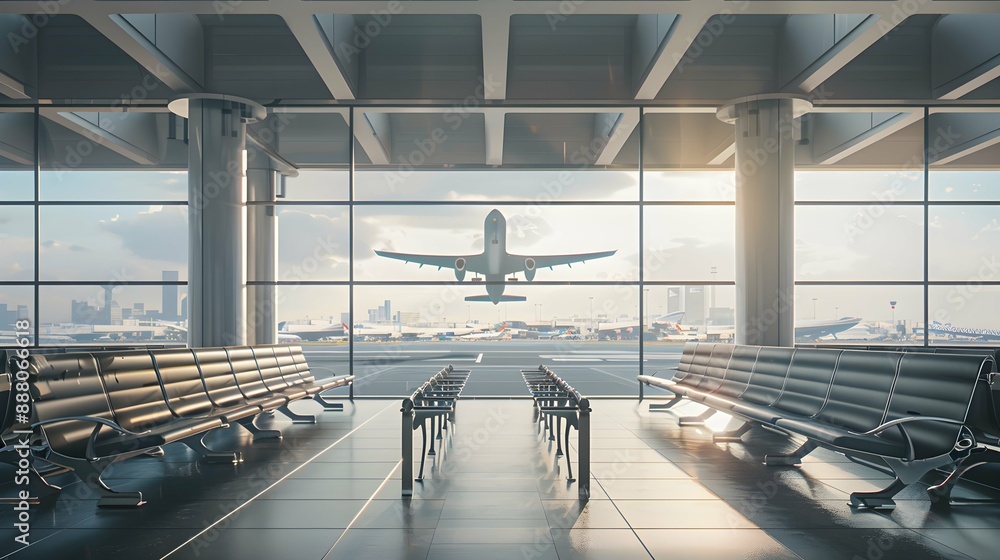Contemporary airport interior with seats and flying airplane seen ...