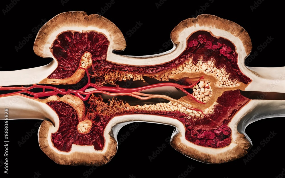 A detailed cross-section of a human bone, revealing the compact and ...