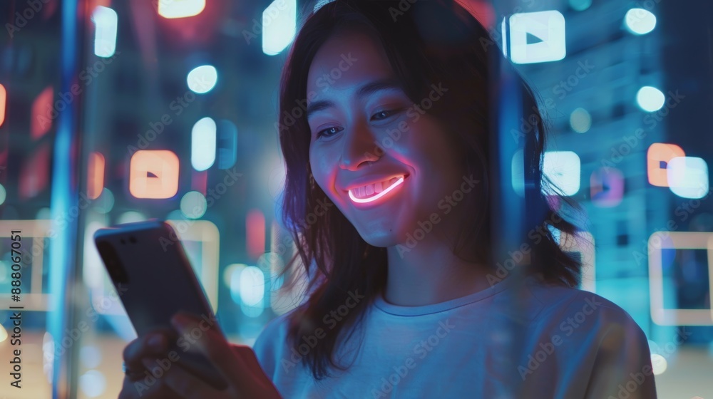 woman touching smartphone screen using smiley face emoticon with IoT ...