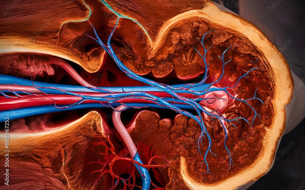 A detailed cross-section of a human bone, revealing the compact and ...