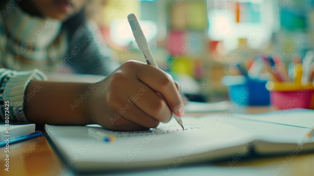 Focused young african american girl writing in elementary classroom ...