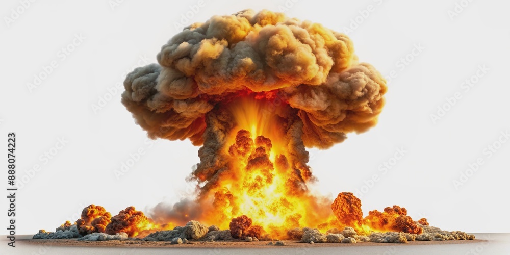 Massive fire and nuclear explosion border with white background ...