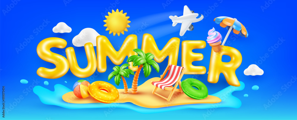 Vector summer illustration of word summer with palm tree and beach ...